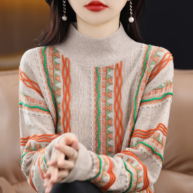 25秋冬新款半高领100%羊毛衫女加厚毛衣拼色长袖针织羊绒打底上衣