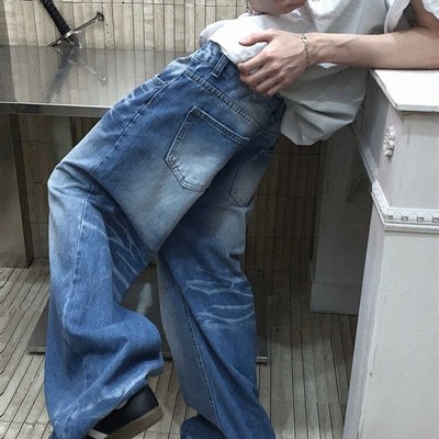 速发大码美式复古折痕拖旧地洗牛仔裤男新款直筒宽松阔腿做水裤