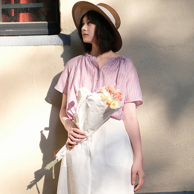 那禾2024夏季新品花边领短袖上衣半开领条纹小衫女 NW42CQ0727