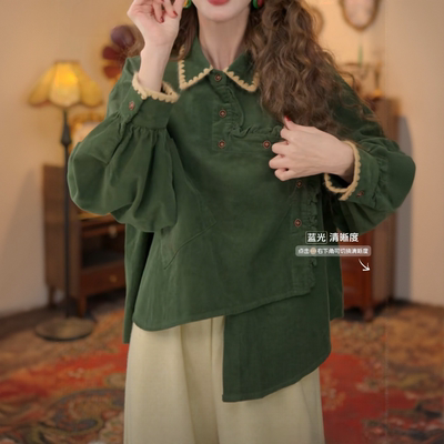 灯芯绒衬衫女款新款不规则设计感长袖上衣气质长袖百搭宽松衬衫