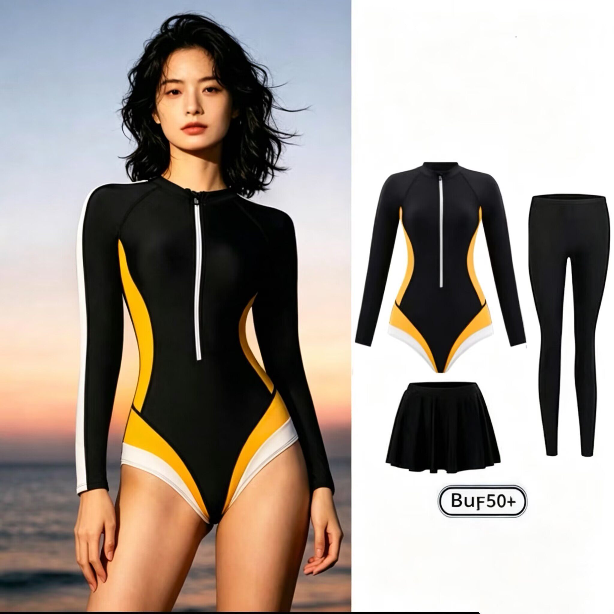 韩国潜水服女连体浮潜泳衣女保守显瘦长袖防晒速干冲浪服防水母衣
