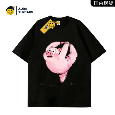 AURA THREADS卡通印花短袖T恤男女宽松百搭纯棉圆领上衣