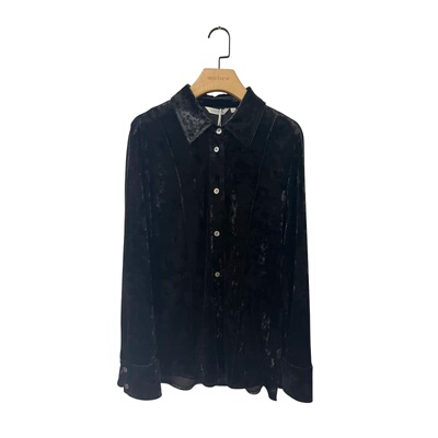 黑色丝绒立领衬衫女长袖单排扣修身上衣6I811101X