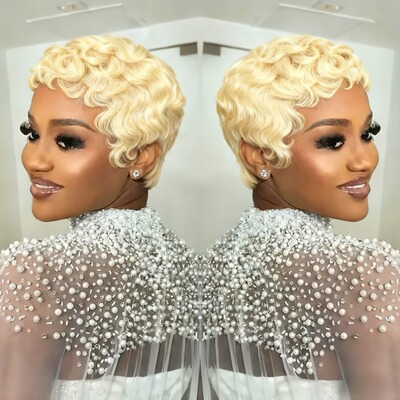 613# Blonde Curly Pixie Cut with Wave human hair 金色真人发