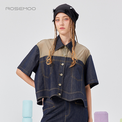 ROSEMOO/容子木25夏商场同款微弹弧形下摆拼接牛仔上衣RSS2WC417D