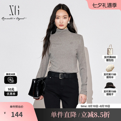 XG/雪歌XL301591A884灰色高领长袖T恤2025秋季新款字母点缀上衣女