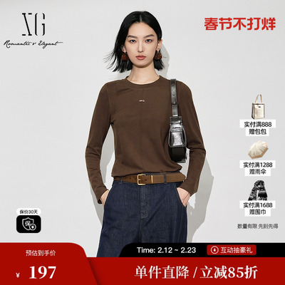 XG/雪歌XL401622A809咖色绵羊毛T恤2025冬季新款修身长袖上衣女装
