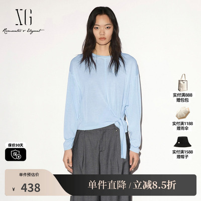XG/雪歌 XL311023A220浅蓝色棉感圆领绑带长袖针织衫落肩休闲女装