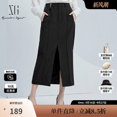 XG雪歌XJ303016A290黑色通勤个性半身裙时尚秋季新款开叉直筒裙女