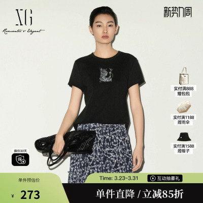 XG/雪歌XL201025A490黑色莱赛尔圆领短袖T恤薄印花正肩休闲上衣女