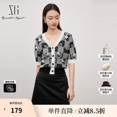 XG雪歌XJ211014B697黑色薄款短袖毛针织衫时尚夏季新款开衫上衣女