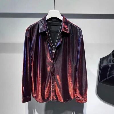 男士亮面宽松修身长袖衬衫上衣