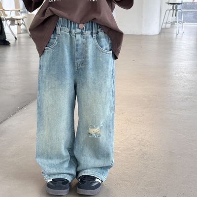 儿童破洞牛仔裤宽松直筒长裤