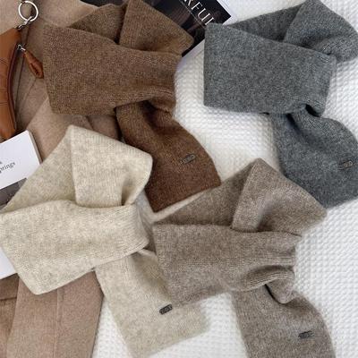 米色简约针织小围巾女秋冬季韩版减龄百搭纯色保暖交叉毛线围脖