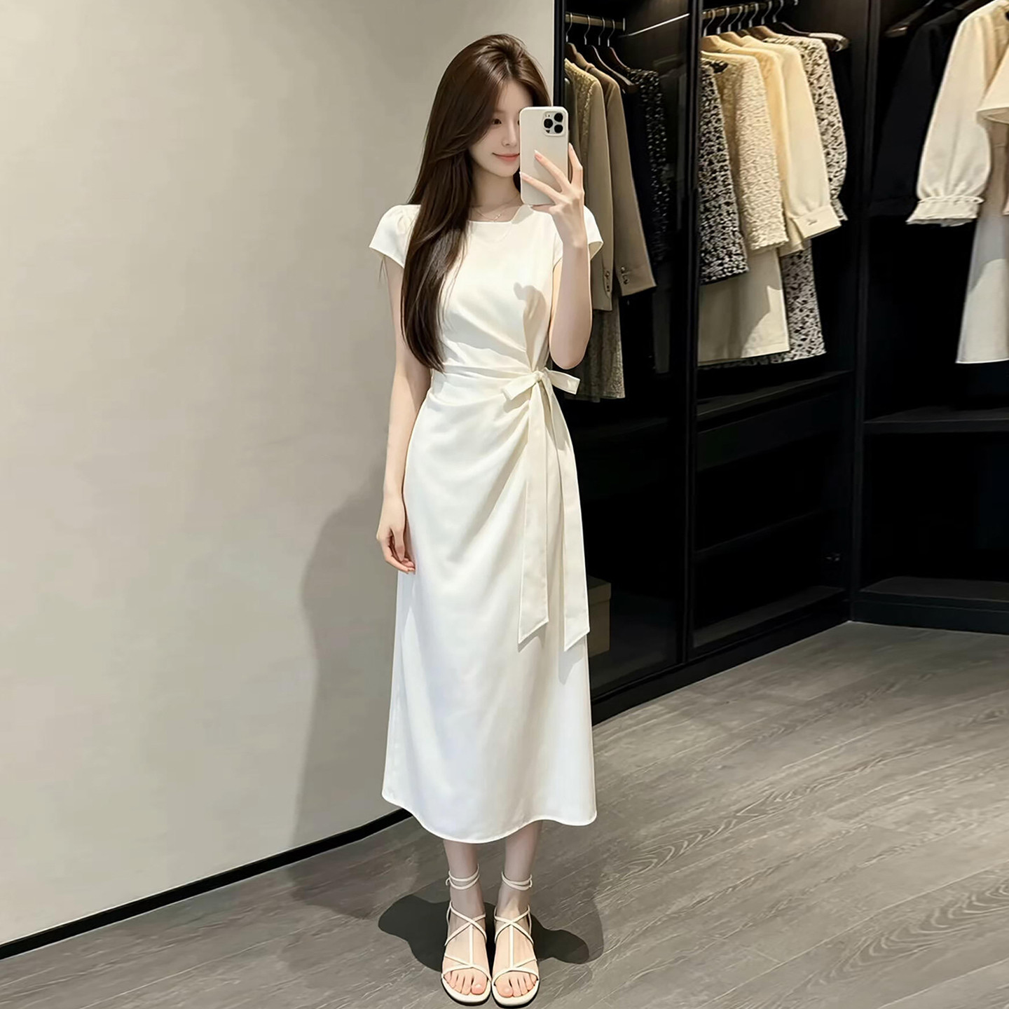法式气质白色短袖连衣裙子女夏季2026新款高级感特别漂亮掐腰长裙