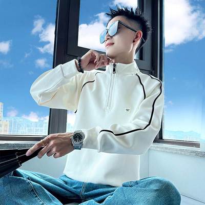 半拉链立领条纹卫衣男士春秋冬季潮牌痞帅高级感加绒套头休闲上衣
