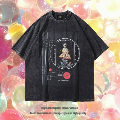 XFM夏季新款欧美高街复古短袖t恤衫街头潮牌圆领做旧纯棉百搭半袖