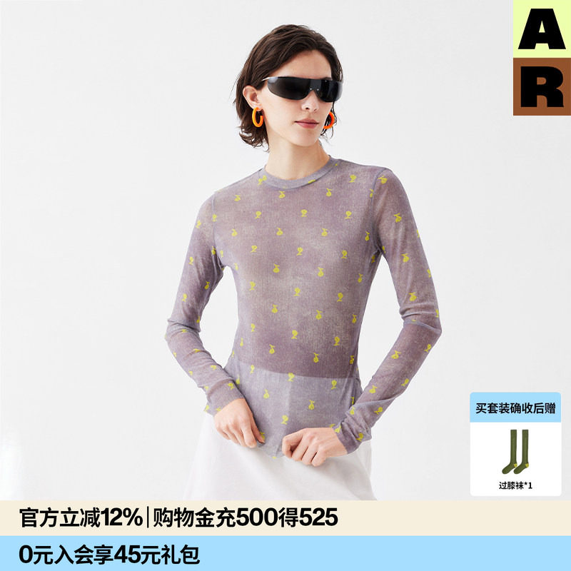 AR原创小众花卉印花网纱打底衫修身长袖T恤可外穿薄款内搭女新款