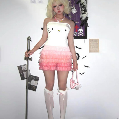 美式辣妹烫钻印花上衣恶搞kITTY可爱弹力紧身抹胸夏季无袖背心女
