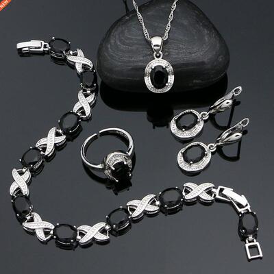 925 Sterling Silver Jewelry Set Black Stone Girl Woman Prom