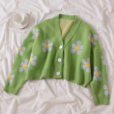 Preppy Style Flower Knit Cardigans Sweater Women V Neck Loos