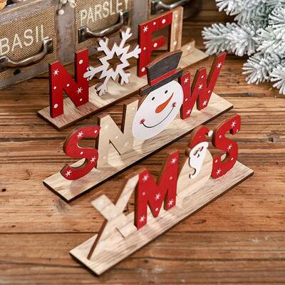 Wooden Freestanding Letters Sign Santa Claus Snowman Snowfla