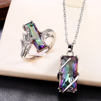 Huitan Multicolored Rectangular Stone Ring/Necklace Set Nove