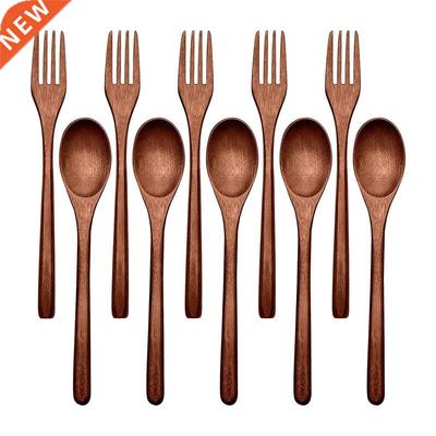 10 Pcs Wooden Spoons Forks Set Wooden Utensil Set Reusable N
