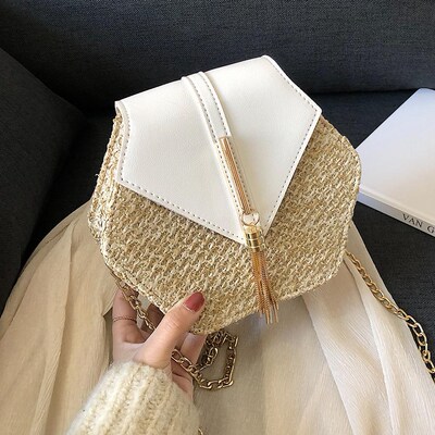 Summer Straw Bags For Women 2021 Hex-Shape Straw+PU Shoulder