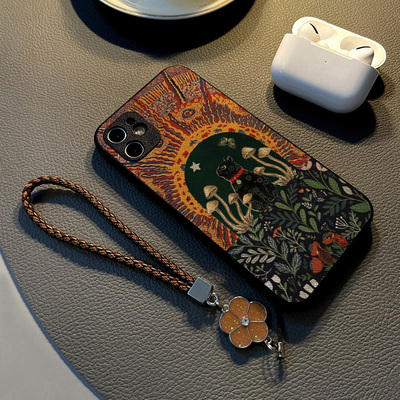 适用opporeno12pro 10/7se/6pro/reno9 5/4手机壳reno15硅胶8创意个性皮纹防摔保护套挂绳潮新款油画花朵黑猫