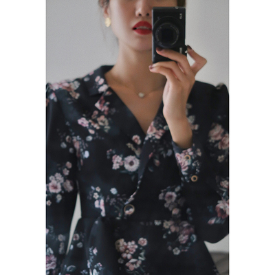 法式复古风印花翻领长袖女士衬衫