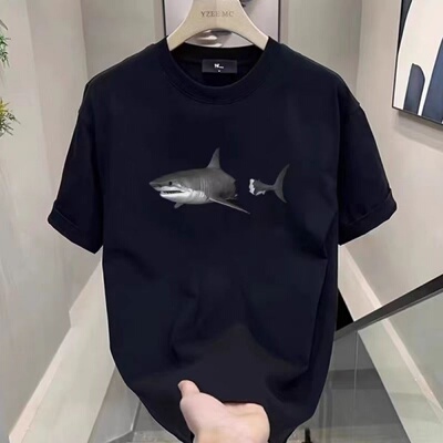 清仓捡漏~外贸尾货余货100%纯棉潮牌鲨鱼印花短袖T恤男宽松圆领