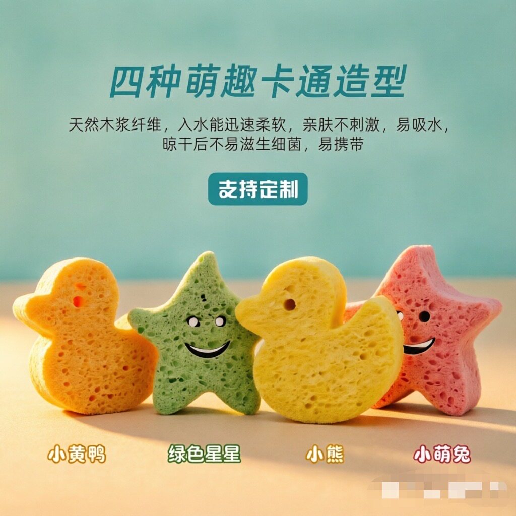 婴儿木浆棉宝宝沐浴洗澡海绵洗脸扑海绵卡通异形天然木浆海绵擦