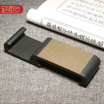 匠心文创 精手工文房墨床 歙砚石手工墨台 镶嵌老坑黄鱼子工艺文房雅器摆放徽墨条墨块小巧案头摆件