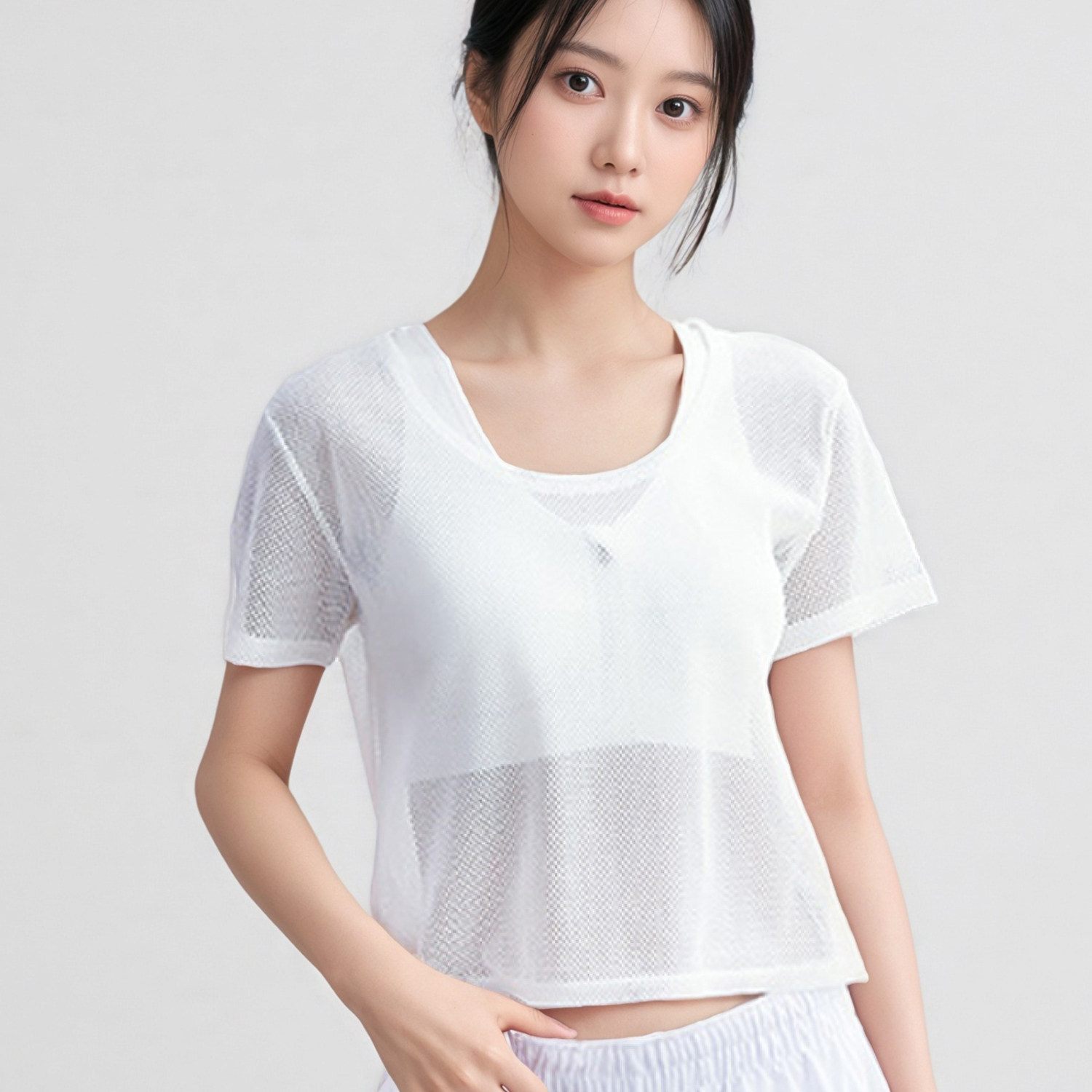 网纱透气运动T恤女宽松短款性感露脐夏轻薄速干健身瑜伽短袖罩衫