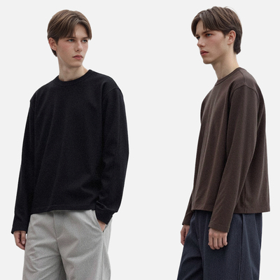 ATHIRI 复古毛巾绒感肌理棉质混纺刺绣单缝线圆领长袖T恤