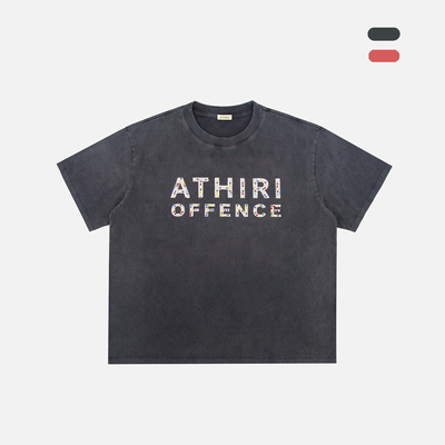 ATHIRI OFFENCE烫钻数码直喷美式复古vintage 做旧水洗T恤男女