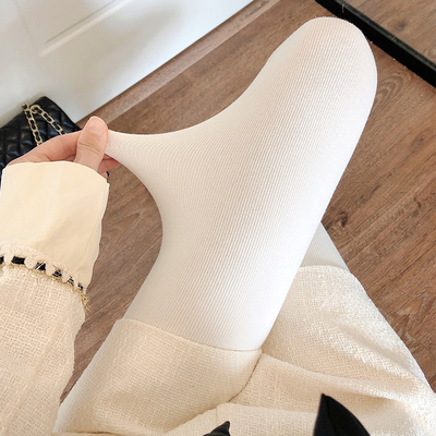 日系白色打底裤女春秋显瘦竖纹棉连裤袜秋冬加绒加厚高腰连脚袜裤