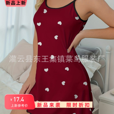 Roundneck sleeveless suspender nightgown印花圆领无袖吊带睡裙