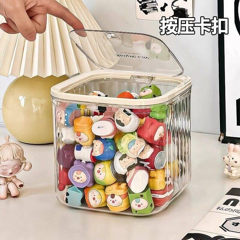 桌面萌粒收纳盒按压开盖防尘带盖小杂物零食糖果罐盲盒收纳展示架