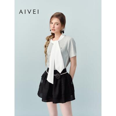 AIVEI欣贺艾薇2026夏季文艺松弛感通勤系带领正肩短袖T恤XSV3T04C