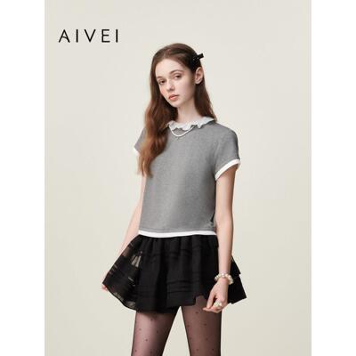 AIVEI欣贺艾薇2026夏季新甜美风荷叶领假两件正肩短袖T恤XSV3T01B