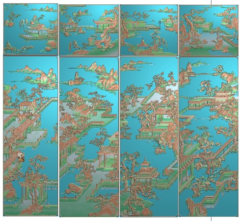 山水楼阁顶箱柜精雕图书柜门板仿古家具灰度图大衣柜浮雕图jdp