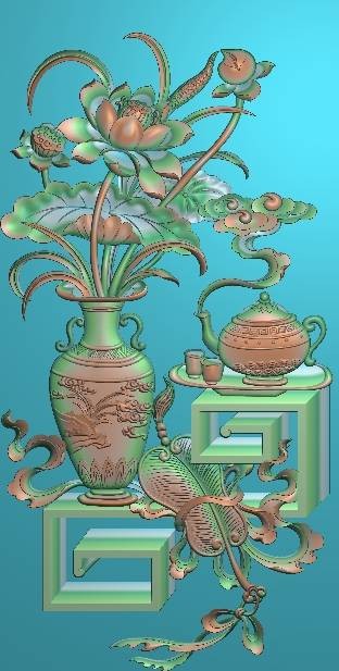 藏式博古荷花花瓶书柜门板靠背顶箱柜茶壶扇子精雕图灰度图浮雕图