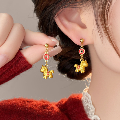 新款马年红色铜钱小马耳环耳夹女