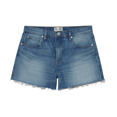 FRAME女士高腰浅蓝水洗牛仔短裤毛边剪裁美式复古