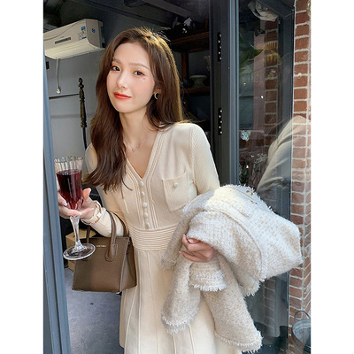 夏安若6981大量现货法式气质收腰长袖a字裙法式v领内搭打底针织