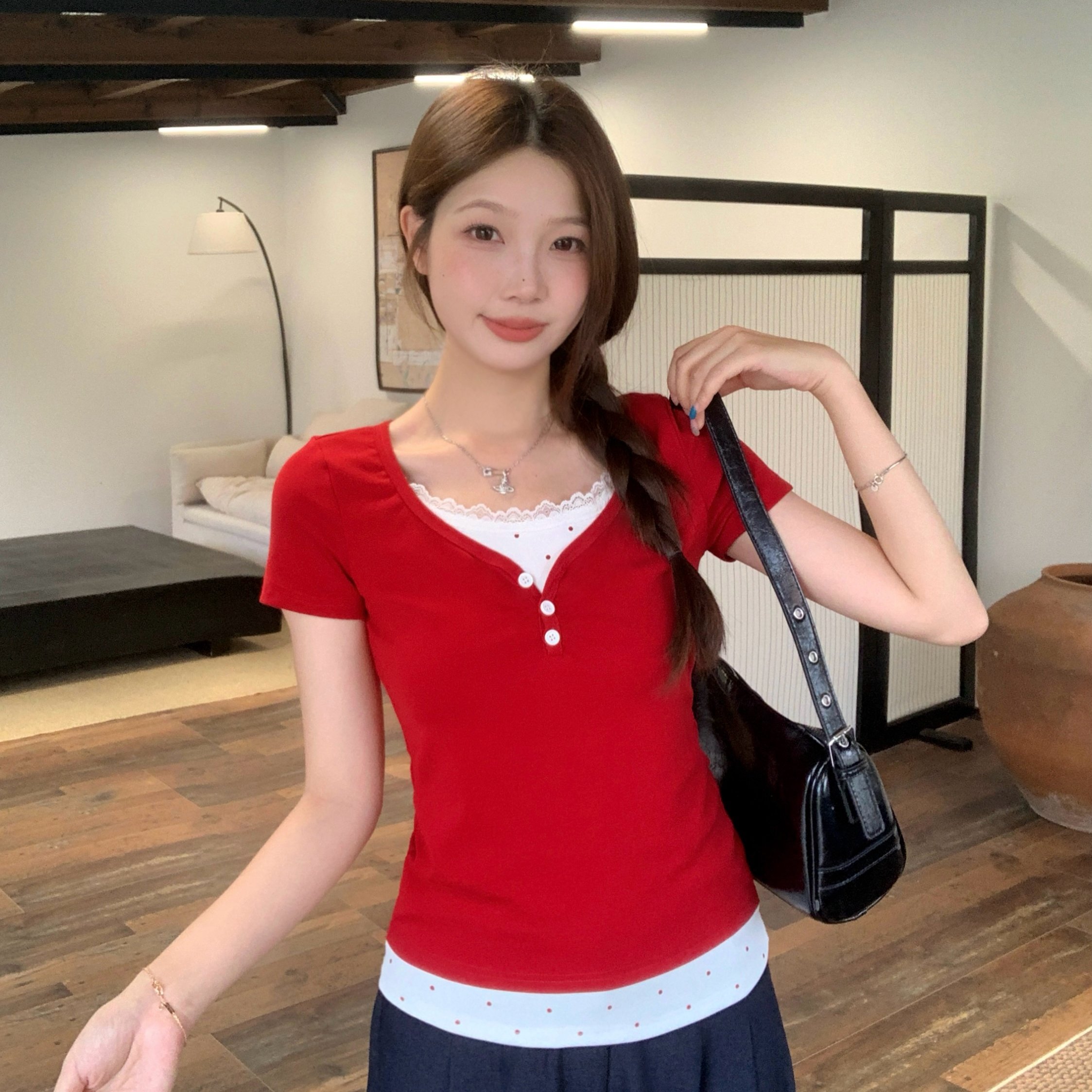 实拍 大码胖妹妹甜辣妹假两件蕾丝波点正肩短袖T恤高级感修身上衣