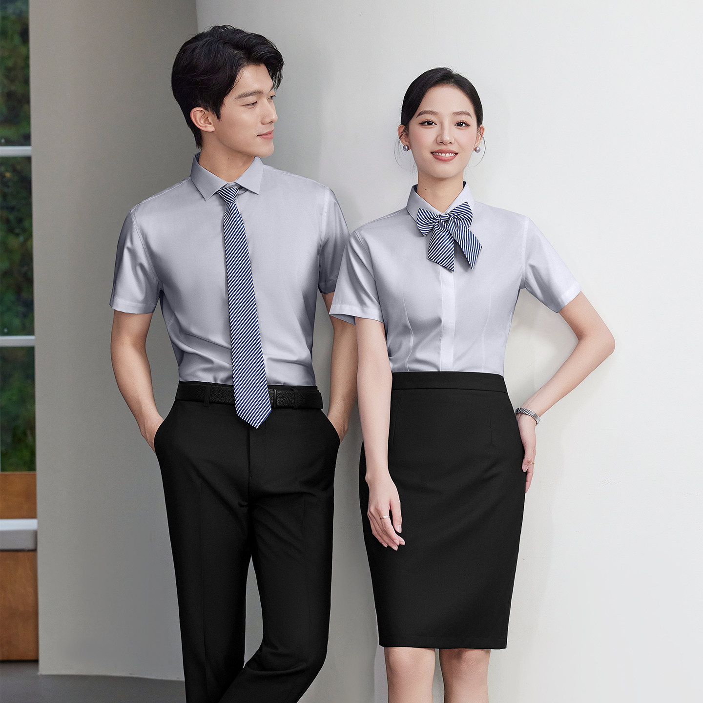 银灰色职业衬衫工装男短袖正装4S店衬衣女暗扣工作服夏定制绣logo