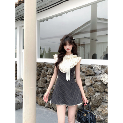 越韩小鱼Musefish 尤莉少女 法式复古格纹连衣裙千金感无袖短裙